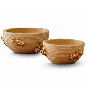 MARLETH Set Of Two Travertine Bowls With 24k Bees - Gold
