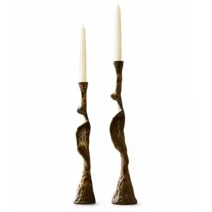 MARLETH Handmade Brass Helezon Candle Holders – Sculptural Taper Set In Antique Finish - Brown