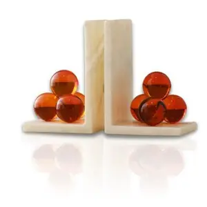 MARLETH White / Orange Marble Bookends With Amber Crystal Spheres – Set Of Two - White/orange