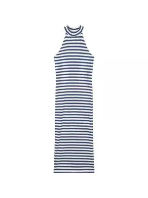 EA7 Striped Halterneck Ribbed Knit Maxi Dress - Blue