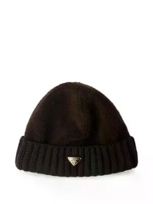 Prada Fleece And Wool Beanie With Enameled Triangle Logo - Brown