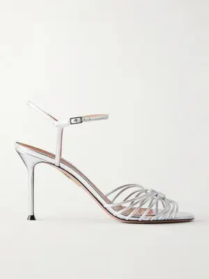 AQUAZZURA Serenity 85 Knotted Metallic Leather Sandals - Silver