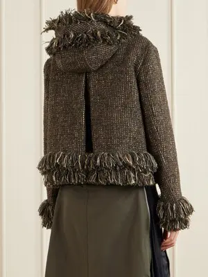 Sacai Wool-blend Tweed Frayed Zip-up Jacket
