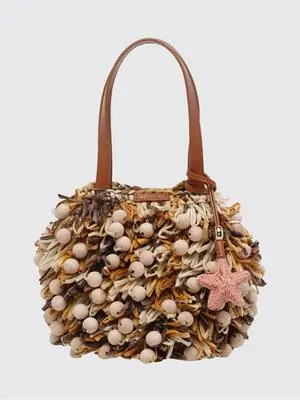 AQUAZZURA Embroidered Raffia Handbag With Wooden Handles And Fringe Detail - Brown