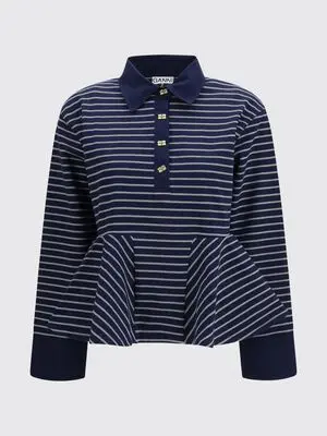 GANNI Striped Cotton Polo Shirt - Sky