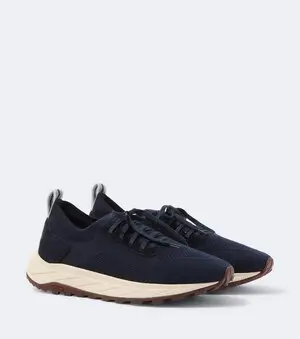 Fedeli Knitted Suede-trimmed Lace-up Sneakers In Navy - Blue