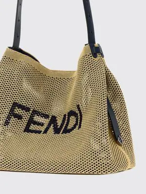 Fendi Perforated Raffia Shoulder Bag With Lettering Logo