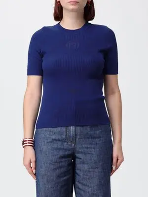 Fendi Ff Monogram Ribbed Cotton Short-sleeve Knit Top - Blue