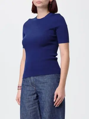 Fendi Ff Monogram Ribbed Cotton Short-sleeve Knit Top - Blue
