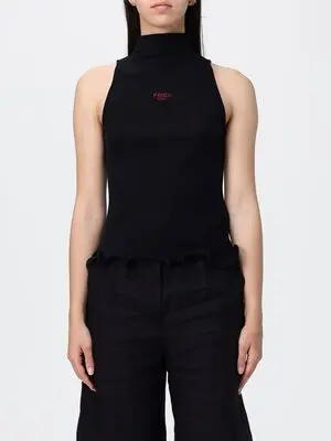 Fendi Sleeveless Ribbed Turtleneck Top With Embroidered Logo
