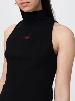 Fendi Sleeveless Ribbed Turtleneck Top With Embroidered Logo