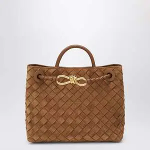 Bottega Veneta Small Andiamo Handbag In Amber-coloured Woven Suede - Brown