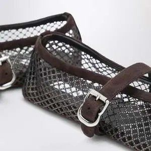 Alaïa Flat Rhinestone Mesh Ballerinas In Suede - Brown