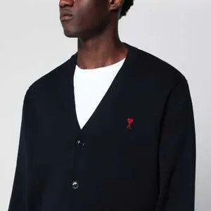 AMI Paris Navy Merino Wool De Coeur Cardigan