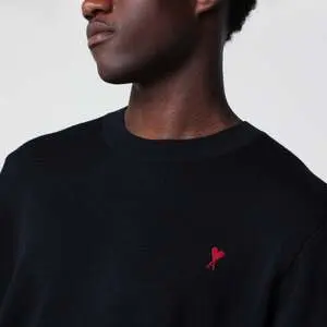 AMI Paris Navy Wool Crewneck Sweater With De Coeur Embroidery