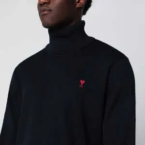 AMI Paris Navy Turtleneck Sweater With De Coeur Embroidery