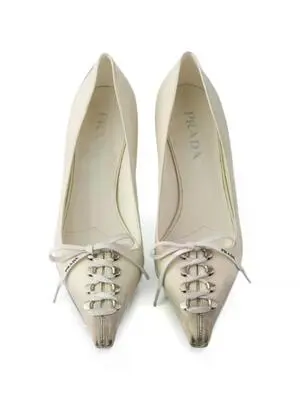Prada Antiqued Leather Pumps With Lace Detailing - Neutrals