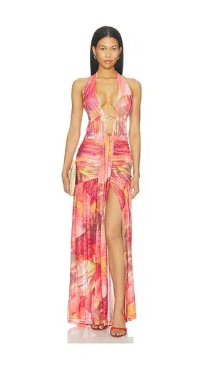 RUNAWAY THE LABEL Adrianna Plunge Ruched Maxi Dress - Multi