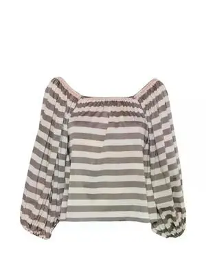 Camilla Striped Off-shoulder Top With Puff Sleeves - Neutrals