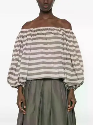 Camilla Striped Off-shoulder Top With Puff Sleeves