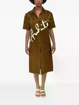 Off-White Midi Satin Shirtdress With Printed Logo And Raw-cut Edges - Brown