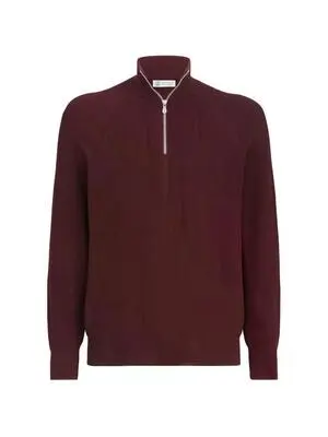Brunello Cucinelli Cotton English Rib Sweater With Half Zip And Raglan Sleeves - Red