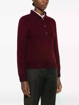 ALLUDE Burgundy Waffle Knit Polo Collar Button-up Sweater