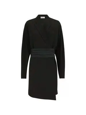 Brunello Cucinelli Silk And Acetate Crêpe Tuxedo Dress With Monili Embroidery - Black