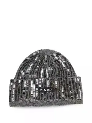Pinko Sequin Embellished Ribbed Knit Beanie - Grey