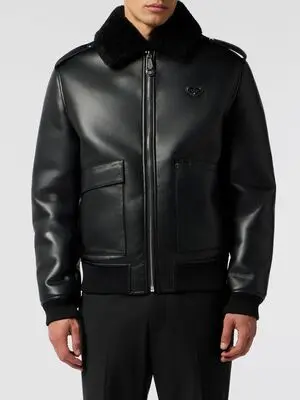Philipp Plein Leather Bomber Jacket With Shearling Collar - Black