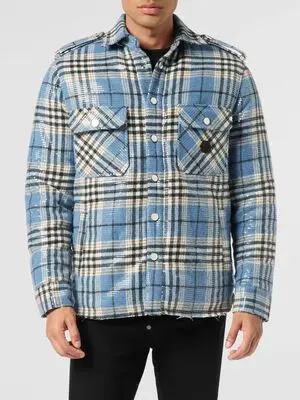Philipp Plein Tartan Shirt Jacket With Sequin Embroidery And Epaulets - Turquoise