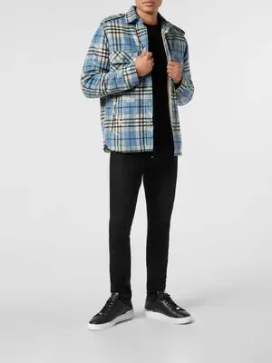 Philipp Plein Tartan Shirt Jacket With Sequin Embroidery And Epaulets - Turquoise