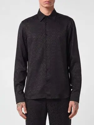 Philipp Plein Silk Shirt With All-over Monogram Print And Hexagon Logo - Black