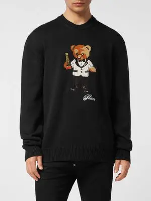 Philipp Plein Teddy Bear Print Cotton Blend Crewneck Sweater - Black
