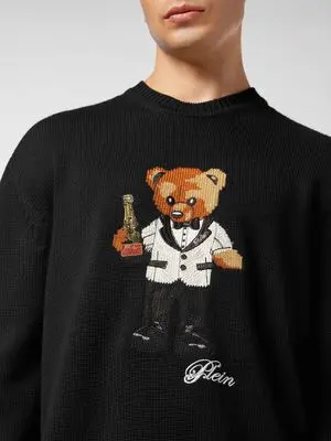 Philipp Plein Teddy Bear Print Cotton Blend Crewneck Sweater - Black