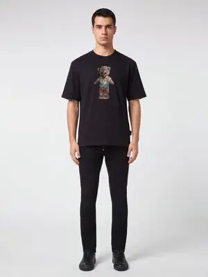 Philipp Plein Teddy Bear Embroidered Cotton T-shirt With Appliqués - Black