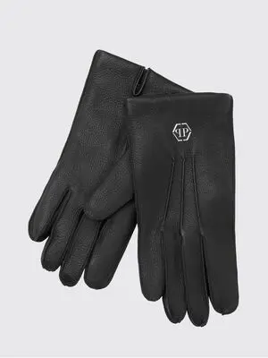 Philipp Plein Leather Gloves With Logo Detail - Black