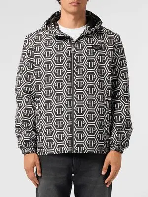 Philipp Plein Hooded Windbreaker Jacket With Hexagon Monogram Logo - Black