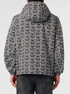 Philipp Plein Hooded Windbreaker Jacket With Hexagon Monogram Logo - Black