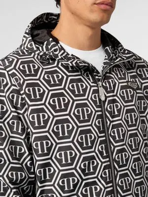 Philipp Plein Hooded Windbreaker Jacket With Hexagon Monogram Logo - Black