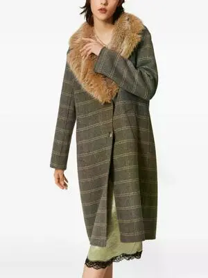 TWINSET Double Wool Checked Coat With Removable Faux Fur Collar