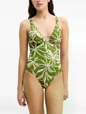 Marc O'polo Floral Print V-neck One Piece Swimsuit - Green