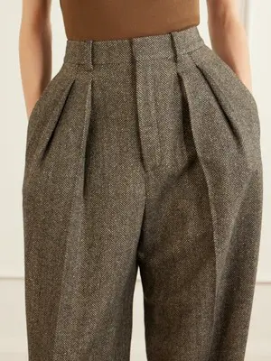 Saint Laurent Pleated Herringbone Wool-blend Straight-leg Pants