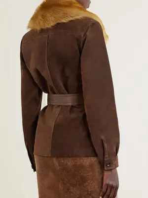 Saint Laurent Belted Shearling And Leather-trimmed Suede Jacket