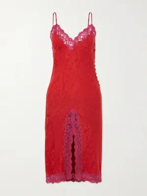 Saint Laurent Lace-trimmed Silk-satin Midi Dress - Red