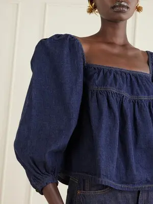 Saint Laurent Gathered Denim Blouse