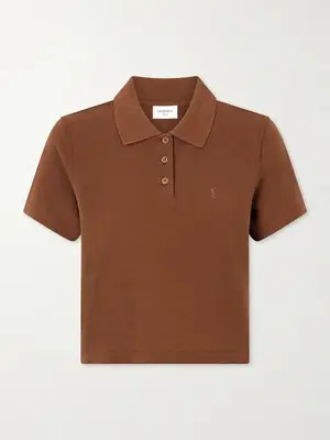 Saint Laurent Cassandre-embroidered Cropped Cotton-piqué Polo Shirt - Brown