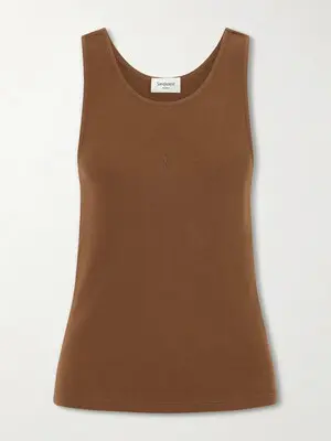 Saint Laurent Cassandre Embroidered Ribbed Cotton-jersey Tank - Brown