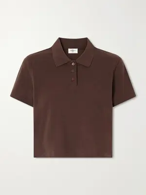 Saint Laurent Cassandre-embroidered Cropped Cotton-piqué Polo Shirt - Brown