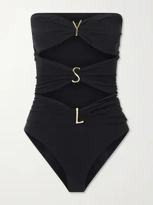 Saint Laurent Strapless Cut-out Gathered Embellished Swimsuit - Black